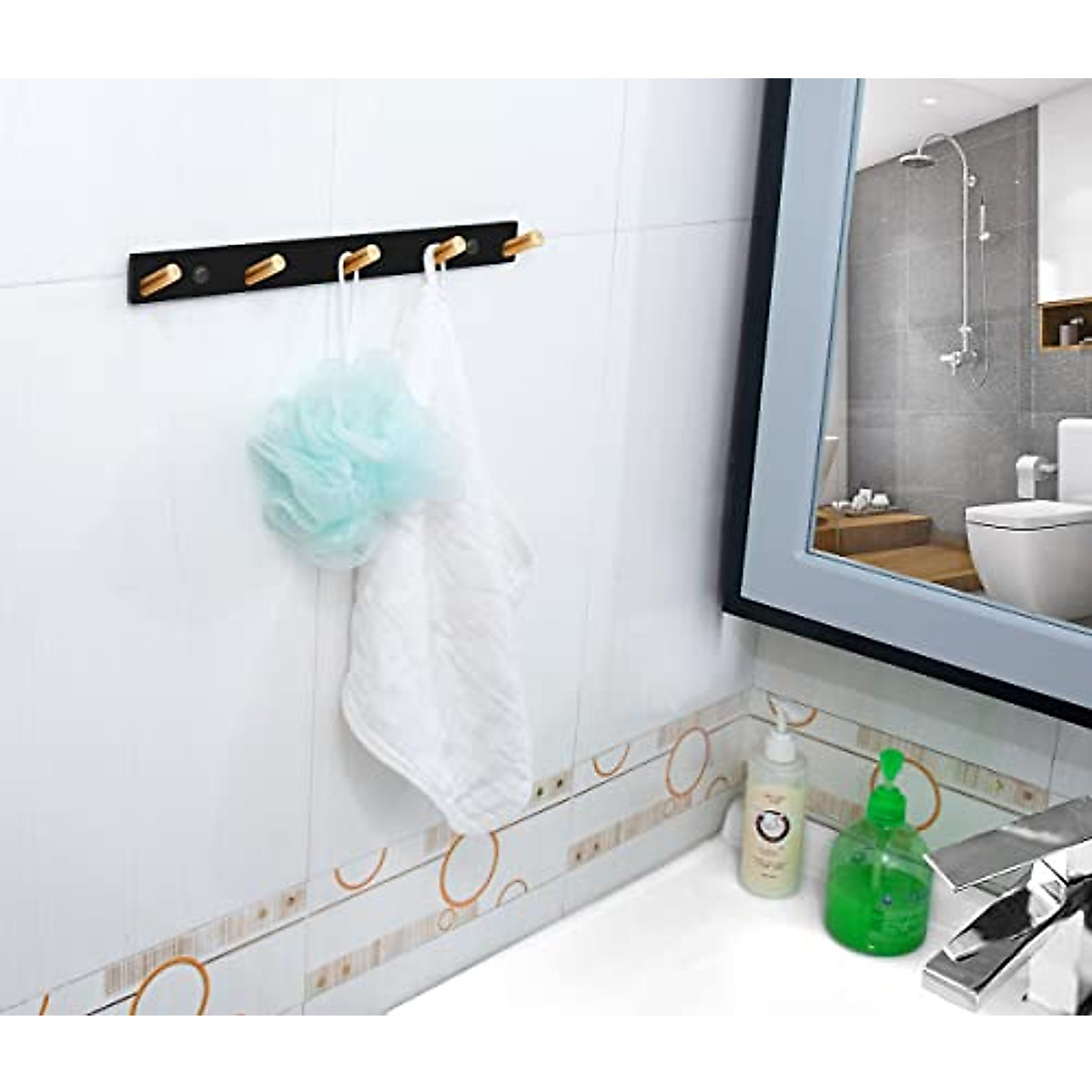 Estrend Wall Mounted Coat Rack Adhesive & Screw in Aluminium Entryway Rack Black and Gold Robe Towel Hooks, 5 Hooks, 13.4"