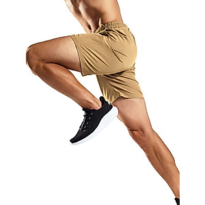 MIER Men's Quick Dry Running Shorts with Zipper Pockets, 7" Athletic Workout Gym Exercise Fitness Shorts Without Liner/Brief, Khaki, XL