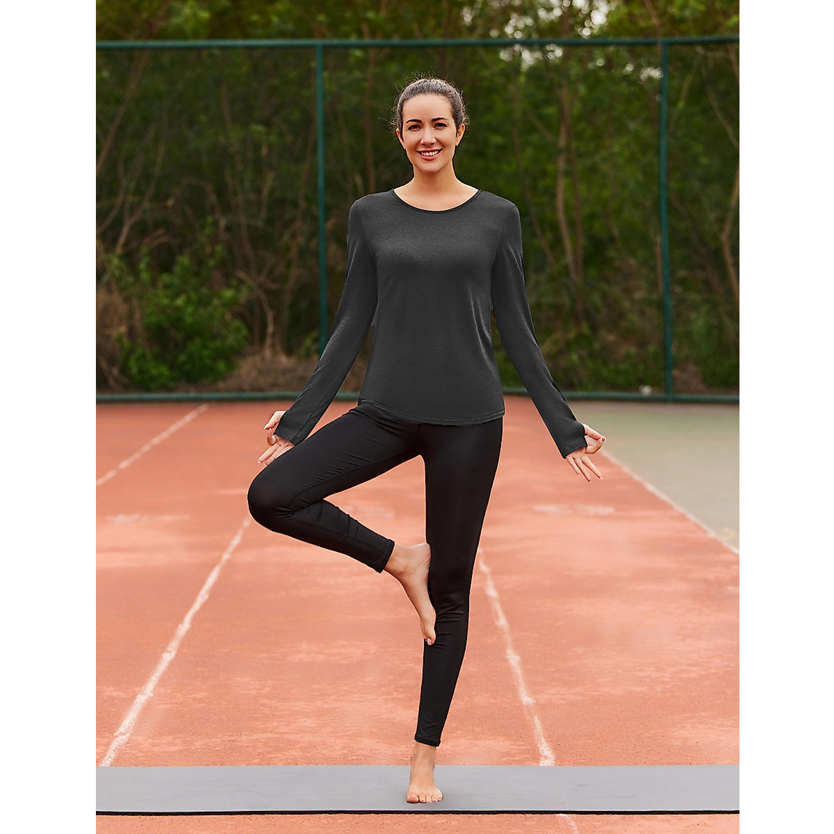 Back Long Sleeve Workout Tops for Women with Thumb Hole Backless Crewneck Gym Yoga Shirts Black