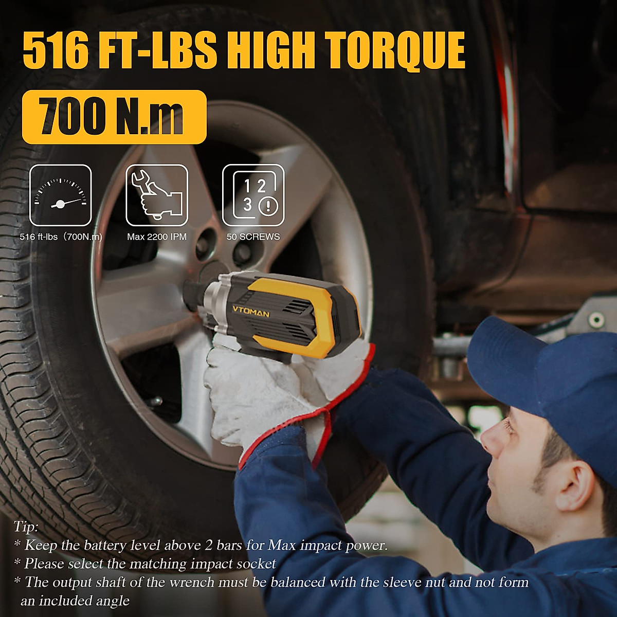 VTOMAN 1/2 Inch Car Impact Wrench, 516 FT-LBS Powerful Performance, Forward & Reverse, LED Light, Wide Application, 18-Month Warranty