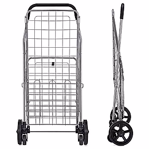 Wellmax Shopping Cart with Wheels, Metal Grocery Cart with Wheels, Shopping Carts for Groceries, Folding Cart for Convenient Storage and Holds Up to 66lbs, Dual Swivel Wheels and Extra Basket, Silver