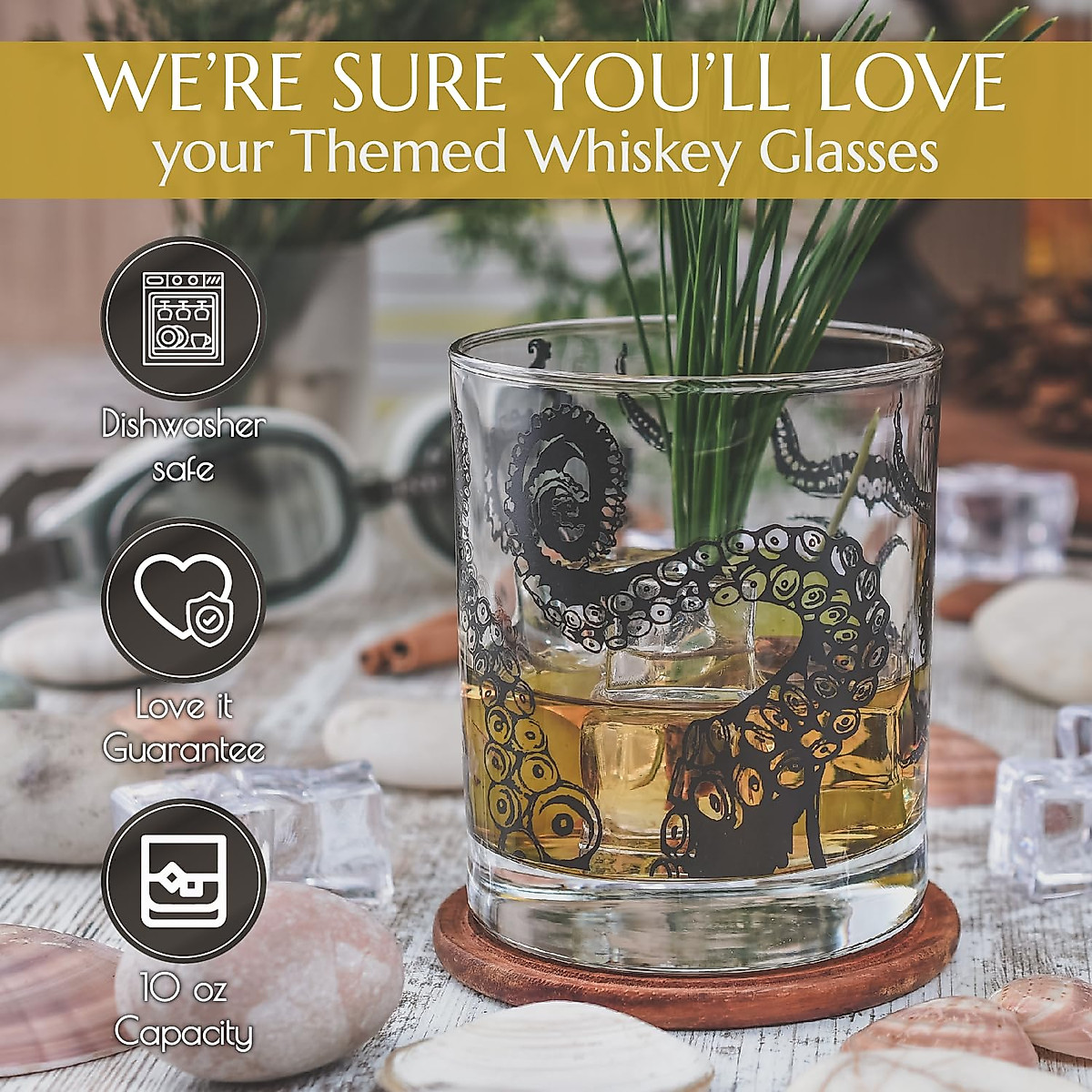 Greenline Goods Whiskey Glasses - 10 Oz Tumbler Gift Set – Kraken Whiskey Glasses (Set of 2) | Rocks Glass Octopus Decor | Old Fashioned Rocks Glasses
