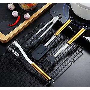 Cooking Utensil Set 12 Piece, Kyraton Stainless Steel Gold Handle Kitchen Utensil Set Kitchen Tool Set Include Cooking Spoon, Ladle, Skimmer, Potato Masher, Spatulas ect. (12pcs)