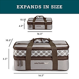 Rachael Ray Expandable Insulated Casserole Carrier for Hot or Cold Food, Thermal Lasanga Lugger Tote for Pockluck, Parties, Picnic, and Cookouts, Fits 9" x 13" Baking Dish, Sea Salt Grey