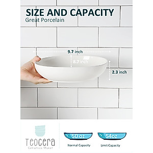 Teocera Pasta Bowls, Salad Bowls Set, Large Serving Bowls, 50 Ounce Porcelain White Bowls Set of 4 - Square Design, Microwave Dishwasher Safe