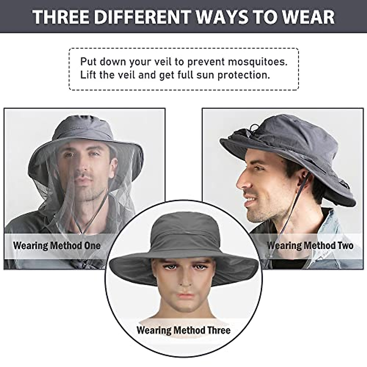 Mosquito Net Head Hat+Bug Jacket M, Sun Hats with Mosquito Netting Face Neck Mask Bucket Hat Cap Protector, Anti Mosquito Netting Suit with Zipper on Hood Ultra-fine Mesh