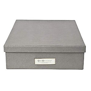 Bigso Oskar Fiberboard Label Frame Document Letter Box | File Organizer Document Box for Important Paperwork | Document Storage Box with a Lid & Metal Label Window | 3.3″x10.2″x13.8″ | Grey