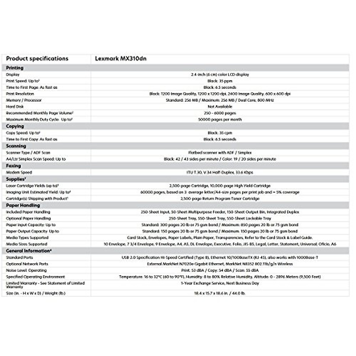 Lexmark MX310dn Compact All-In One Monochrome Laser Printer, Network Ready, Scan, Copy, Duplex Printing and Professional Features