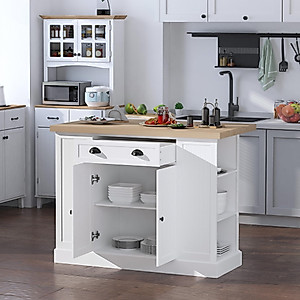 HOMCOM 47" Fluted-Style Wooden Kitchen Island, Kitchen Countertop Storage Cabinet with Drop Leaf, Drawer, Open Shelves, Storage, White