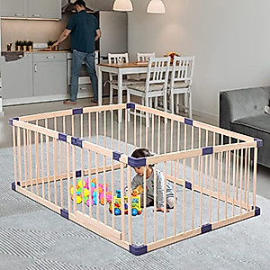 Kids Play Fence with Door,Wood Playpen Baby Safety Play Center Yard, Safe Play Area Indoor Kids Safety Activity Center Playard w/Locking Gate , Without Mat