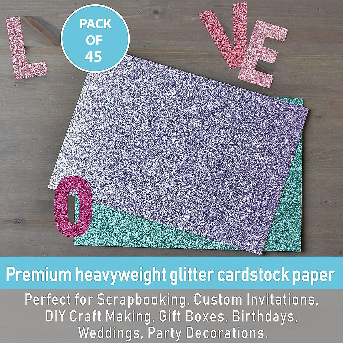45 Sheets, 20 Colors (300 GSM) Glitter Cardstock comes with EXTRA SHINE! 8.27x11.7 Inches, 110 lb - Non-shedding Glitter Cardstock for Cricut, Crafts and DIY Projects