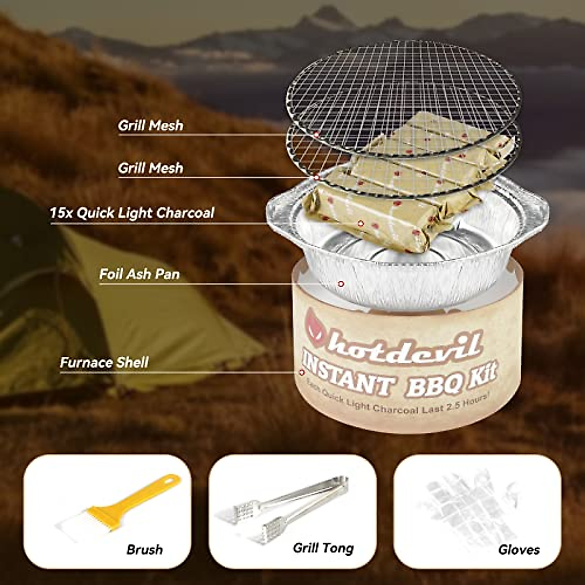 HOTDEVIL Portable Disposable Charcoal Grill Kit Ready-To-Go 1-3 person Camping BBQ Bundle with Instant Hardwood Lump Charcoals Disposal Venture Steak Grilling for Outdoor Barbecue Party Travel Picnic…