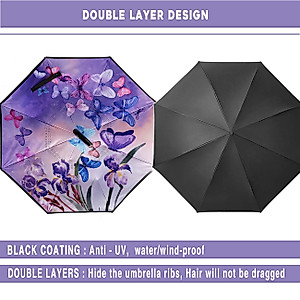 SIEPASA 49/56 Inch Inverted Reverse Upside Down Umbrella, Extra Large Double Canopy Vented Windproof Waterproof Stick Golf Umbrellas with C-shape Handle..(Blue Butterfly, 49 Inch)