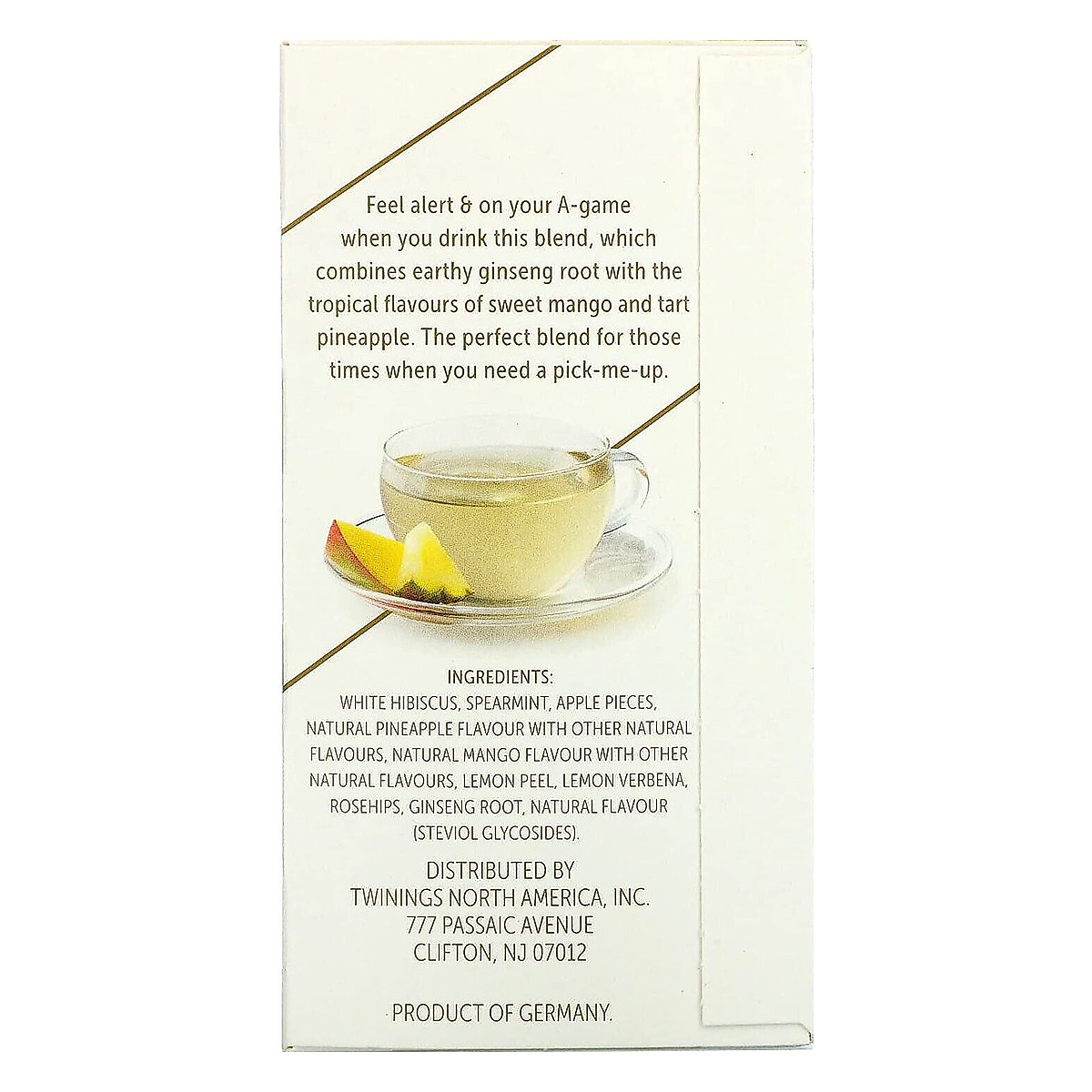 Twinings Focus Tea - Mango & Pineapple Flavoured Hibiscus Tea with Revitalizing Ginseng Root, Naturally Caffeine-Free Herbal Tea Bags Individually Wrapped, 18 Count