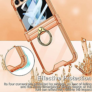 Jusy for Samsung Galaxy Z Flip 5 Case Ring, with Hinge Protection, Built-in Back Screen Protector & Ring Kickstand, Clear Elegant Shockproof Cover for Woman Girl, Orange
