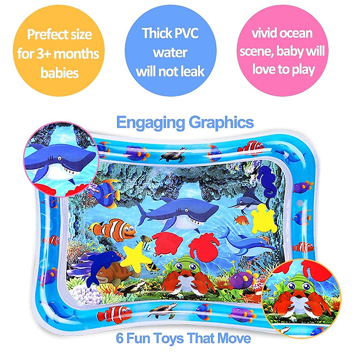 WSPER Tummy Time Water Mat Inflatable Baby Water Play mat for 3+ Months Newborn Girl & Boy Early Activity Center