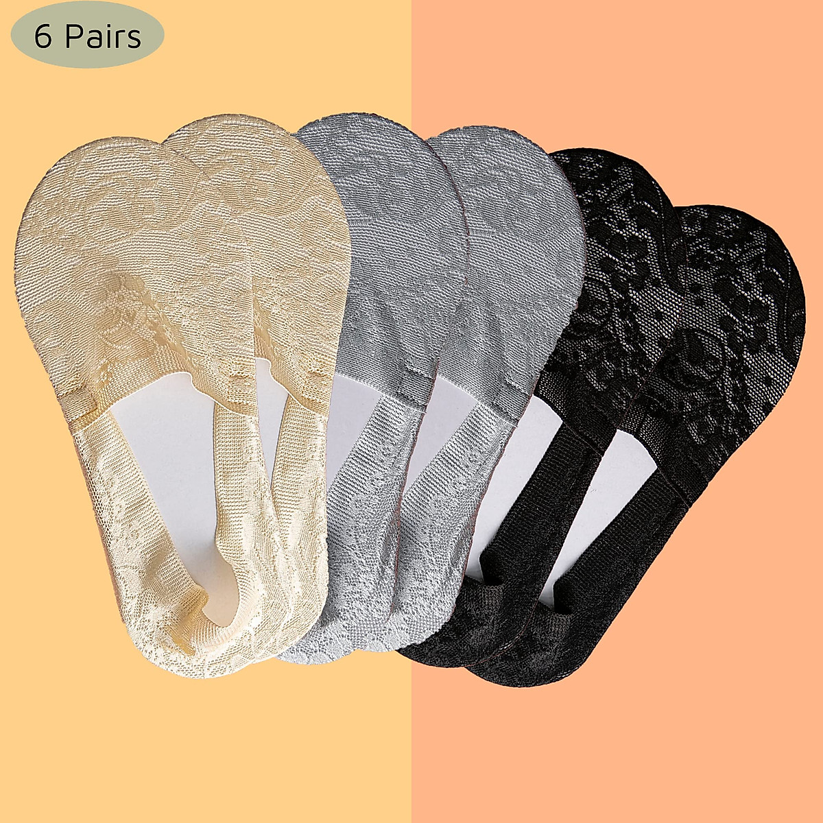 Flammi Women's Lace No Show Liner Socks Non Slip Cotton Bottom 6 Pairs (2Beige,Black,Grey)