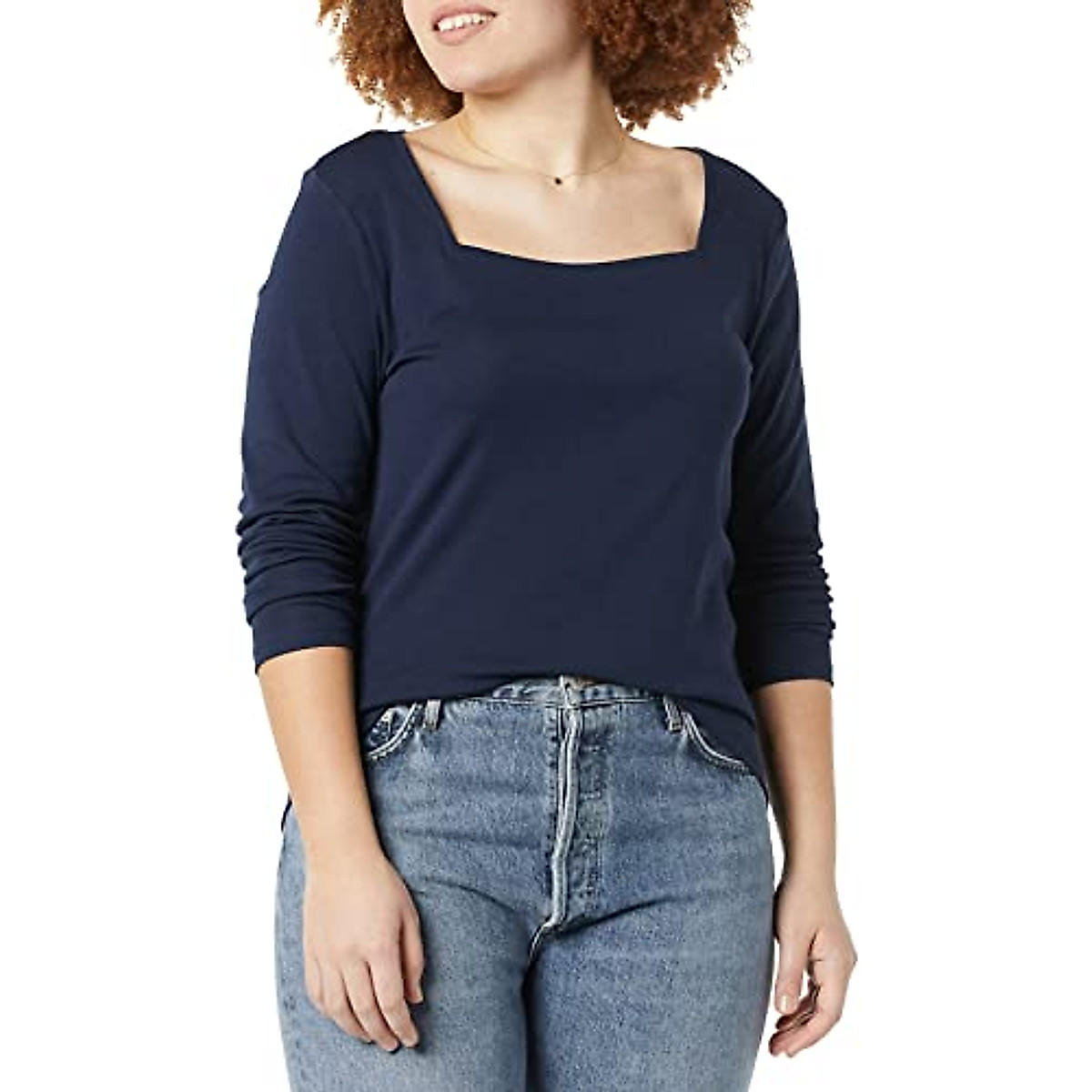 Amazon Essentials Women's Slim-Fit Long Sleeve Square Neck T-Shirt, Navy, XX-Large