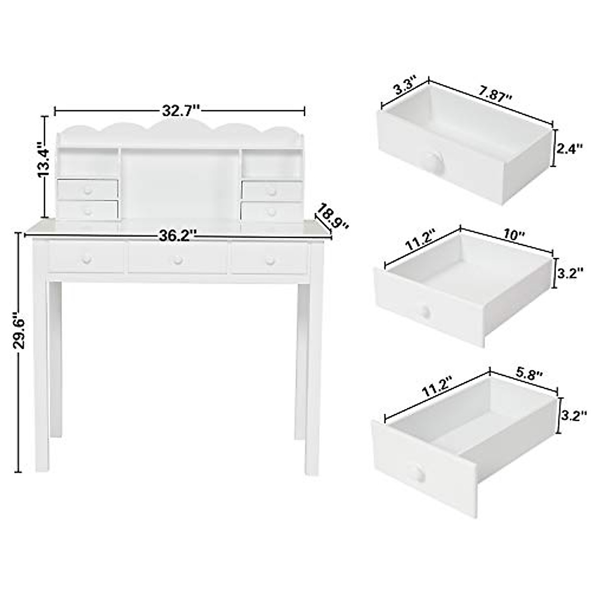 ADORNEVE Writing Desk with 7 Drawers, Home Office Desk with Hutch,Student Desk Study Table, Small White Desk, Solid Pine Wood Legs