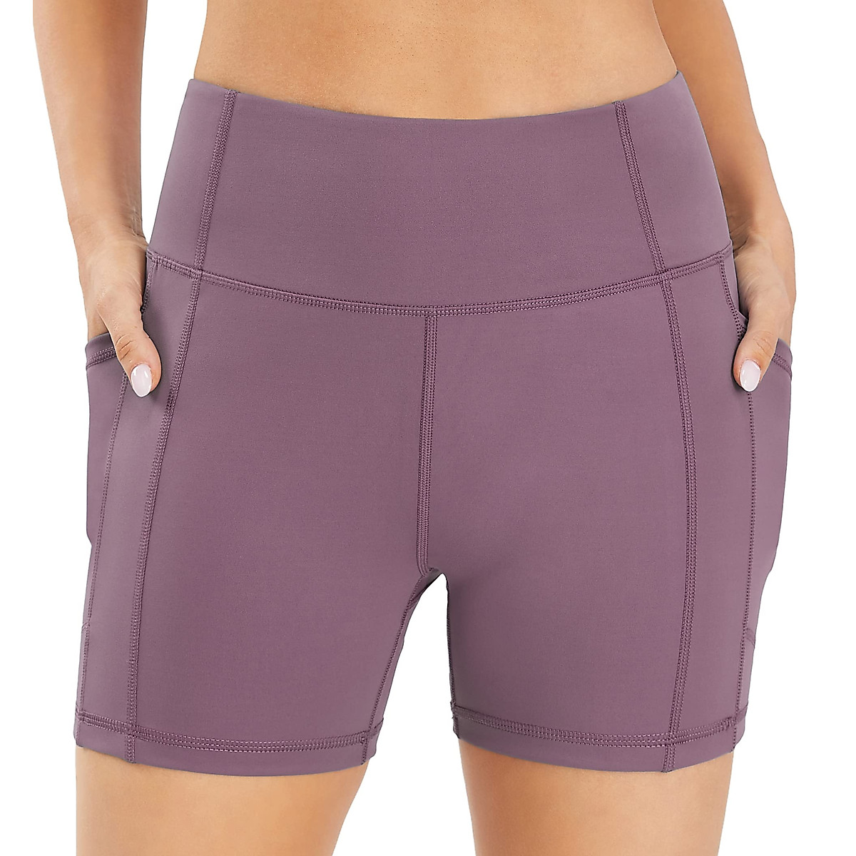 PERSIT Yoga Shorts for Women with Pockets High Wasited Running Athletic Biker Workout Shorts Tight Fitness Gym Shorts Yoga Pants - Purple - L