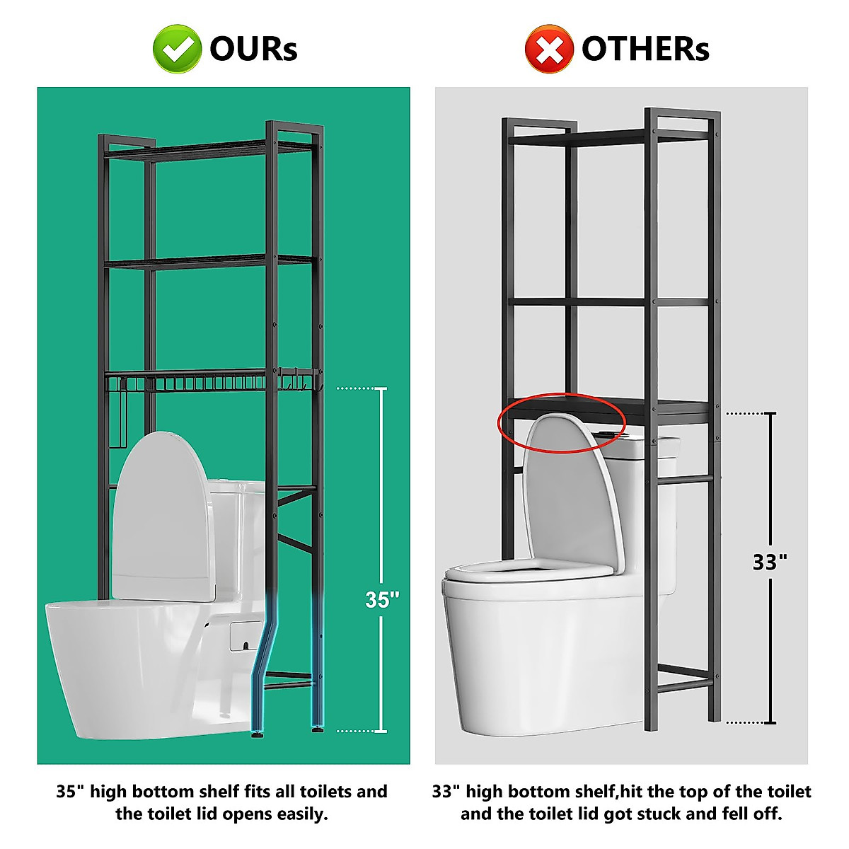 Kalrin Over-The-Toilet Storage Rack, 3-Tier Bathroom Organizer Shelf Over Toilet with Shelf and Basket, Freestanding Space Saver Bathroom Shelves Above Toilet for Room (Black)