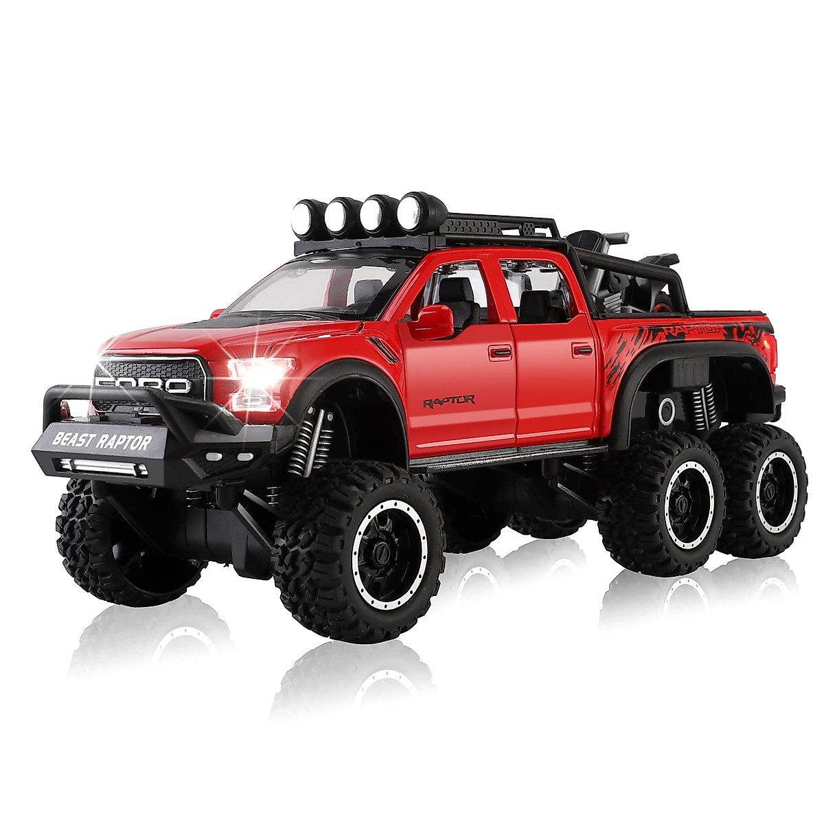 MYJJTYS Toy Pickup F150 six-Wheel (Length 8.6 inch) Metal die-cast Model car Sound and Light with Motorcycle Toy car 3 4 5 6 7 8 9 10 11 12 Year Old boy Toy (Red)