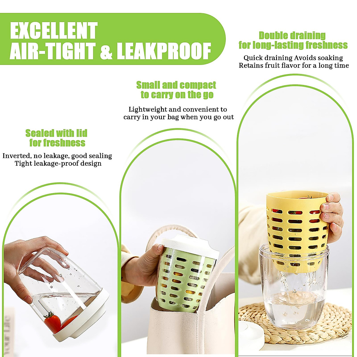 MdakeGo 20oz Fruit Salad Storage Cup with Lids and Fork, Reusable Plastic Fruit Storage Containers for fridge with Drain Baskets, BPA-Free & Leak-Proof, Keep Fruits, Vegetables Fresh Longer (Green)