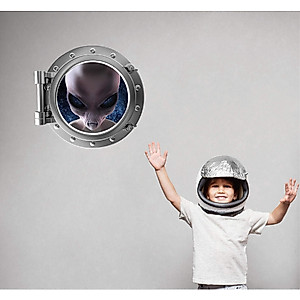 18" Port Scape Alien #1 Silver Porthole 3D Window Wall Decal Removable Wall Sticker Fabric Vinyl Outer Space Boys Bedroom Playroom Wall Art Decor
