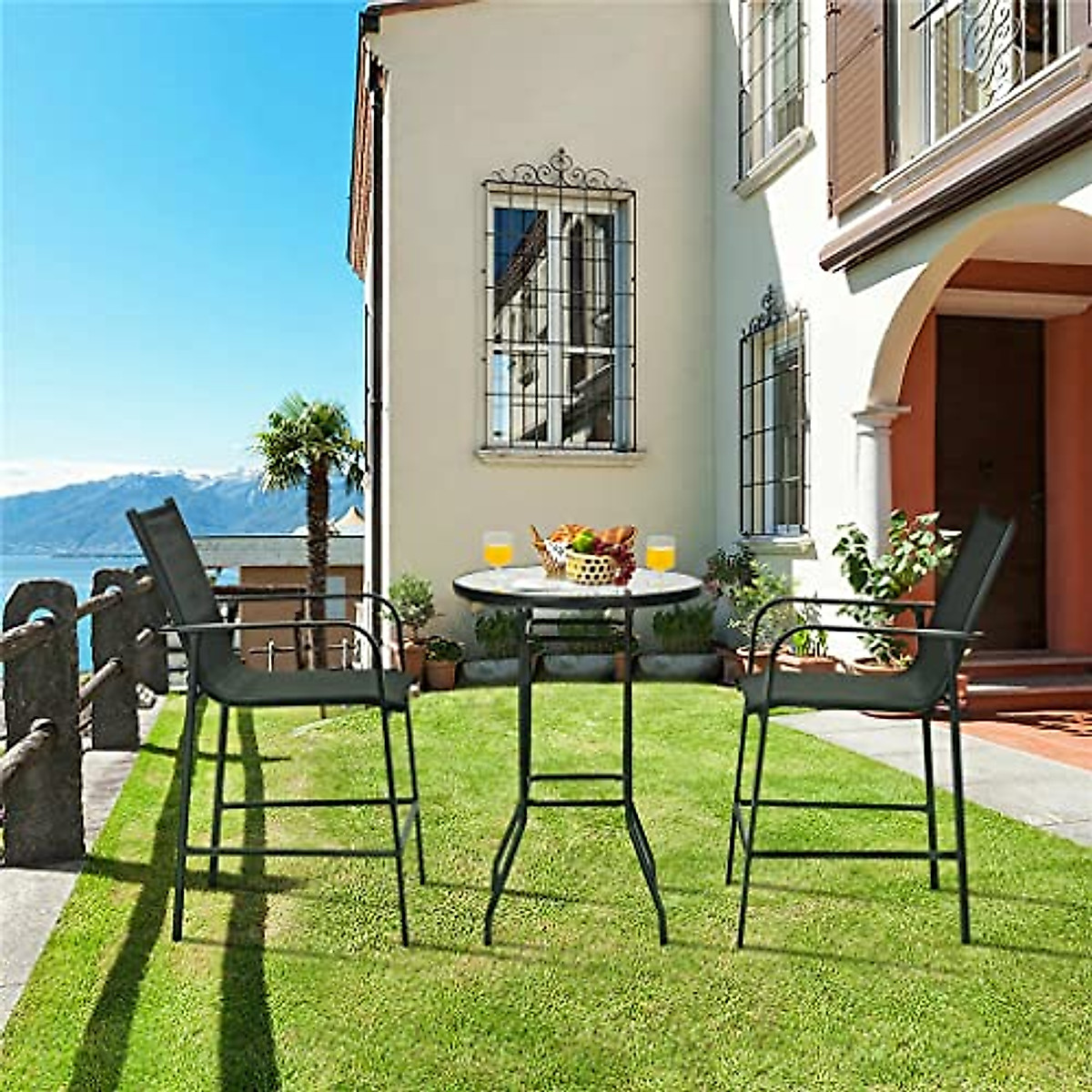 LIRUXUN 3 PCS Outdoor Patio Bar Table Stool Set Height Tempered Glass Top Suitable for Garden, Patio, Poolside, Backyard and More