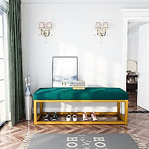 Lamerge Velvet Bench,Modern Upholstered Entryway Bench Bedside Bench, Dining Long Bench with Golden Metal Frame,Perfect for Dressing Room,Living Room,Hallway,Bedroom and So on,Emerald (LVB-E)