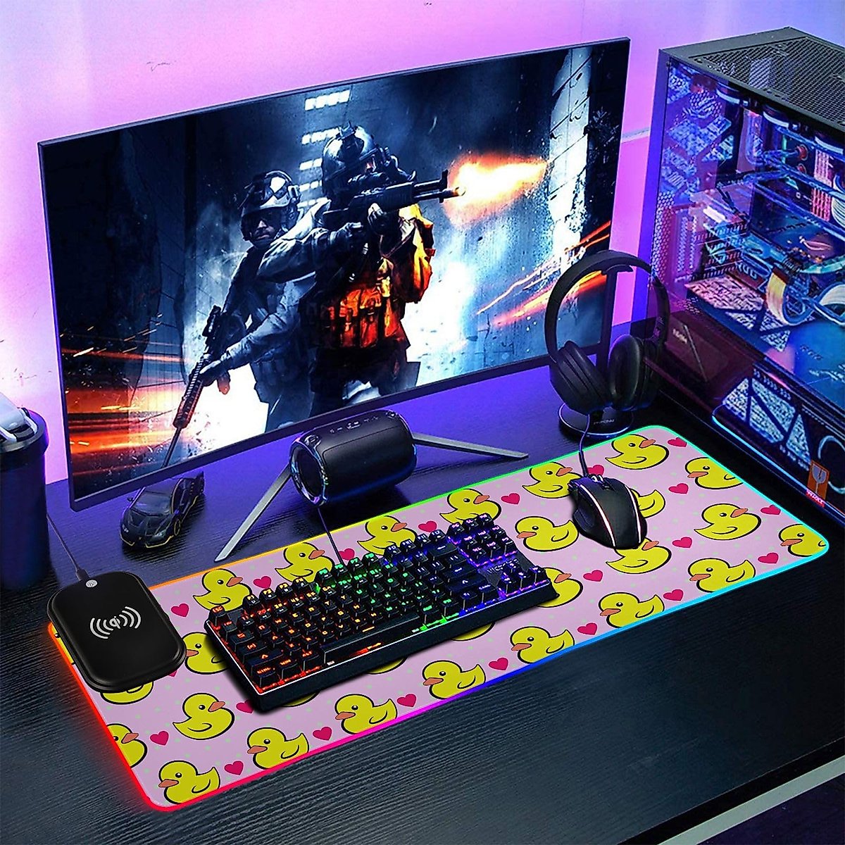 VKPSCHJ Desk Pad with Wireless Charging Ducks and Pink Heart Large RGB Gaming Mouse Pads 10 Light Modes Polka Dots 15W Computer Keyboard Mat Antislip Protector Mats for Office Home Table Gaming Decor