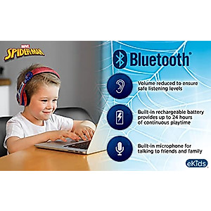 eKids Spiderman Wireless Bluetooth Portable Headphones with Microphone, Volume Reduced to Protect Hearing Rechargeable Battery, Adjustable Kids Headband for School Home or Travel
