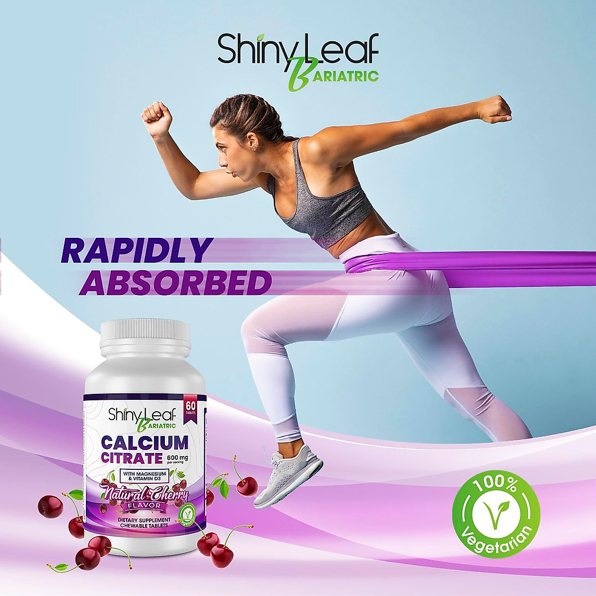 Shiny Leaf Bariatric Calcium Citrate 600 mg Supplement for Bariatric Surgery Patients, 60 Ct Chewable Tablets with Magnesium, Vitamin D3, Natural Cherry Flavor, Vegetarian (1 Month)