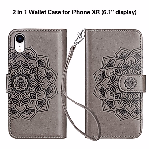 Vofolen Case for iPhone XR Case Wallet Card Holder Leather PU Flip Cover Folio Detachable Magnetic Slim Shell Dual Layer Heavy Duty Protective Bumper Armor Wristband for iPhone XR 10R Mandala Grey