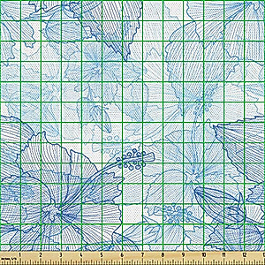 Lunarable Blue and White Fabric by The Yard, Hibiscus Flowers Tropical Foliage Hand Drawn Monotone Design, Decorative Fabric for Upholstery and Home Accents, 1 Yard, Blue White