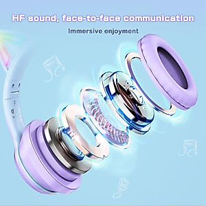 Bluetooth Cat Ear Headphones for Kids & Adults, Wireless & Wired Mode Foldable Headset with Mic - Clear Sound Quality - RGB LED Light, for Girls School Gaming, for Phone/Laptop/PC/Tablet, Purple