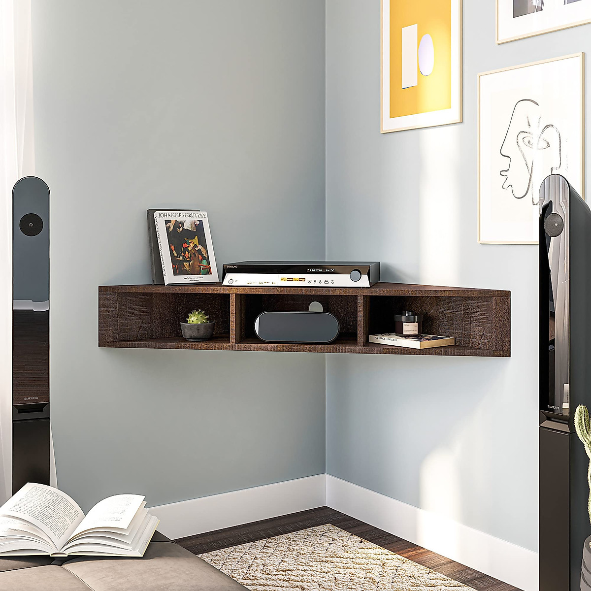 BELLEZE Modern Floating Wall Mounted Corner Shelf, 47" TV Console with Three Shelves and A Cable Cutout, Space Saving Decorative Media Corner Storage - Russel (Espresso)