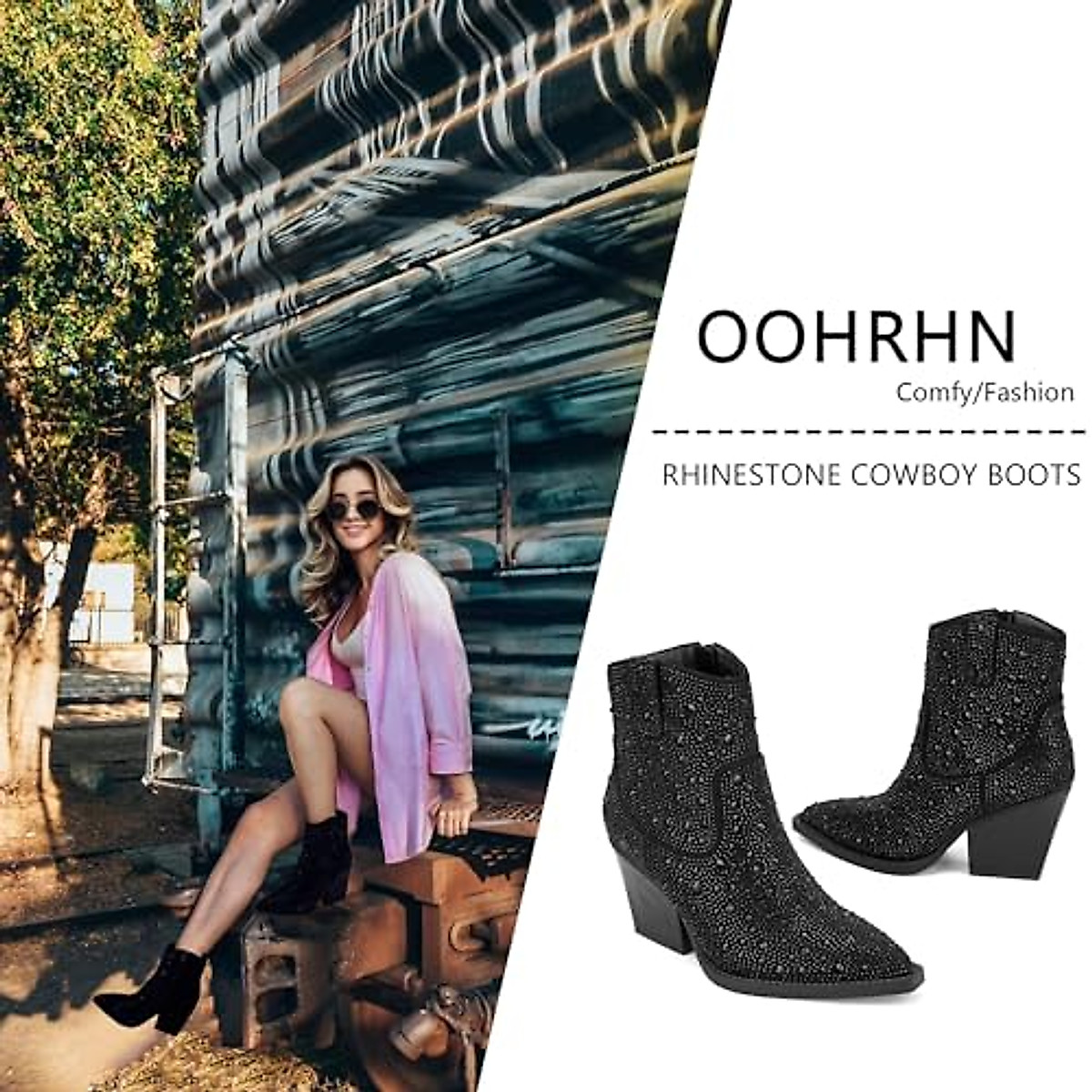 OOHRHN Women's Color Rhinestone Boots Glitter Sparkly Cowboy Booties Chunky Block Heel Pearl Detail Pointed Toe Bridal Wedding Western Ankle Boots Cowgirl Short Boots Black Stone PU Size US 8.5