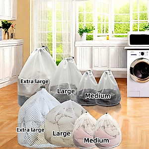 8Pcs Mesh Laundry Bag with Drawstring Closure, White Breathable Coarse & Fine mesh, Durable Mesh Laundry Bags for Washing Machine Delicates Clothes, Bed Linen,travel, Storage, 3 Sizes 2XL 2L 4M
