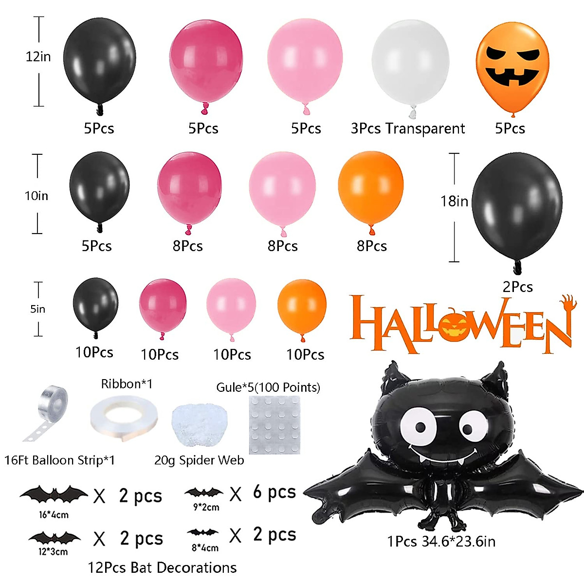 AobkDeco 111Pcs Halloween Balloon Garland Arch Kit with Black Orange Latex Balloons hot pink Balloons Spider Web Cute bats for Halloween Party Decoration Halloween Kids' Birthday Party Supplies
