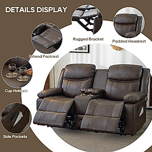 PALLOME Loveseat Recliner Sofa, PU Leather Sofa Couch, Manual Recliner Loveseat with Console, Double Reclining RV Sofa with Cup Holders and Side Pocket for Living Room/Office/Apartment (Brown)