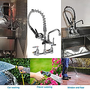 KWODE Wall Mount Commercial Sink Faucet with Pull Down Sprayer 8 Inch Center Pre-Rinse Kitchen Faucet with 21” Height and 8” Add-on Swivel Spout, Brass Constructed, Chrome Finish