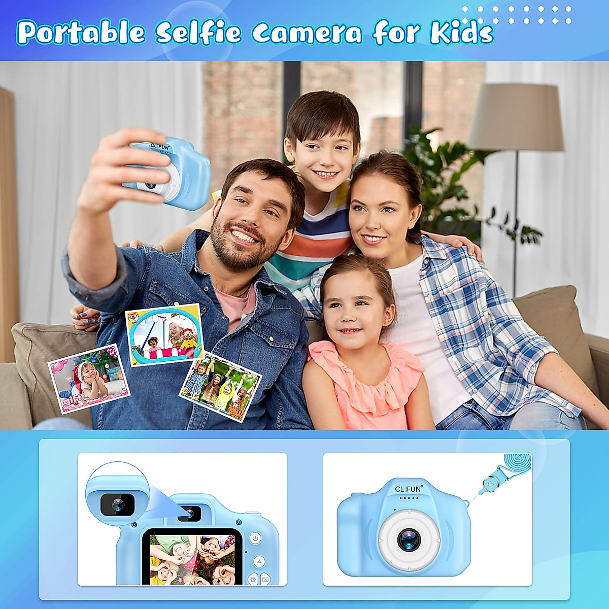 CL FUN Kids Camera, Video Camera for Kids Girls/Boys Age 3-12, HD Digital Camera for Toddler, Portable Kids Selfie Toy Camera with 32GB Card, Christmas Birthday Festival Present for Kids (Blue)