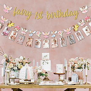 My Fairy First Birthday Decorations - Fairy 1st Birthday Glitter Banner and Monthly Photo Banner, Fairy One Year Old Birthday Decorations for Girl, Floral Fairy 1st Birthday Party Supplies