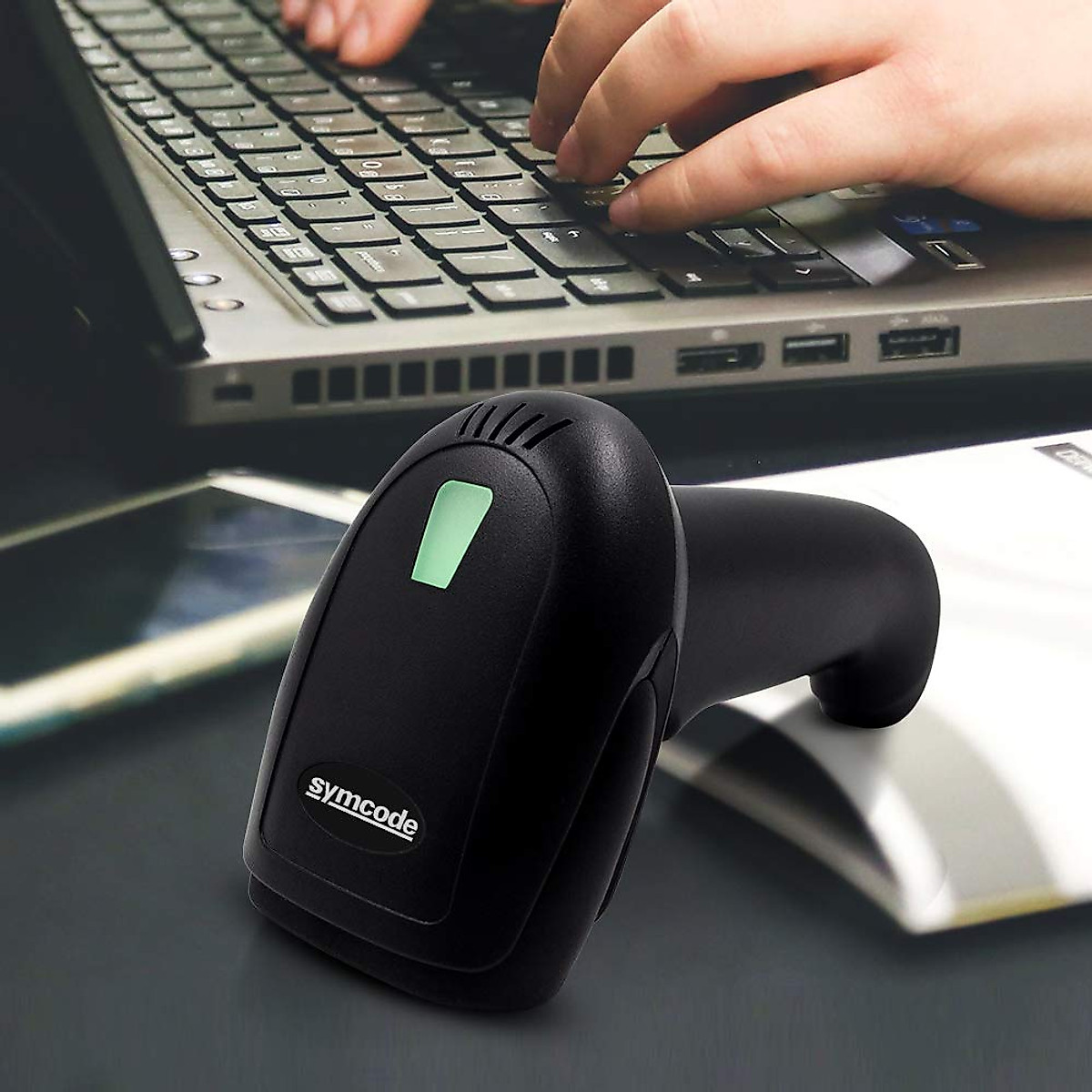 USB Wireless Barcode Scanner with Stand,Symcode Barcode Scanner Wireless Versatile 2-in-1 (2.4Ghz Wireless+USB 2.0 Wired) Rechargeable Cordless 1D Barcode Reader USB Handheld Bar Code Scanner Wireless