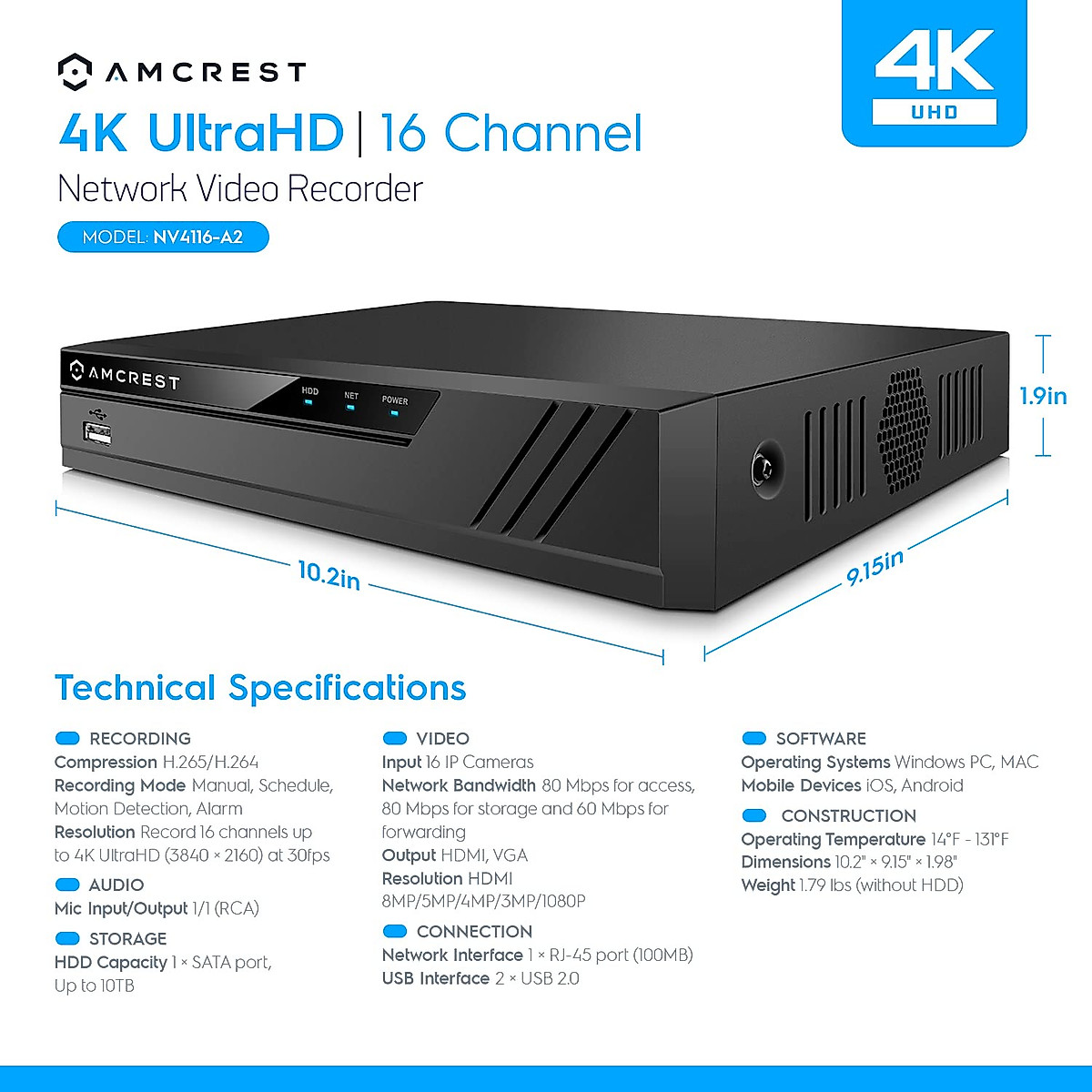 Amcrest 4K 16CH NVR (1080p/3MP/4MP/5MP/8MP) Network Video Recorder - Supports up to 16 x 8MP/4K IP Cameras, 16-Channel Supports up to 10TB HDD (Not Included) NV4116-A2