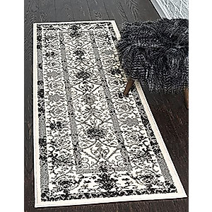 Unique Loom La Jolla Collection Vintage, Contemporary, Border, Ornate, Traditional Area Rug, 2 ft x 6 ft, Gray/Ivory