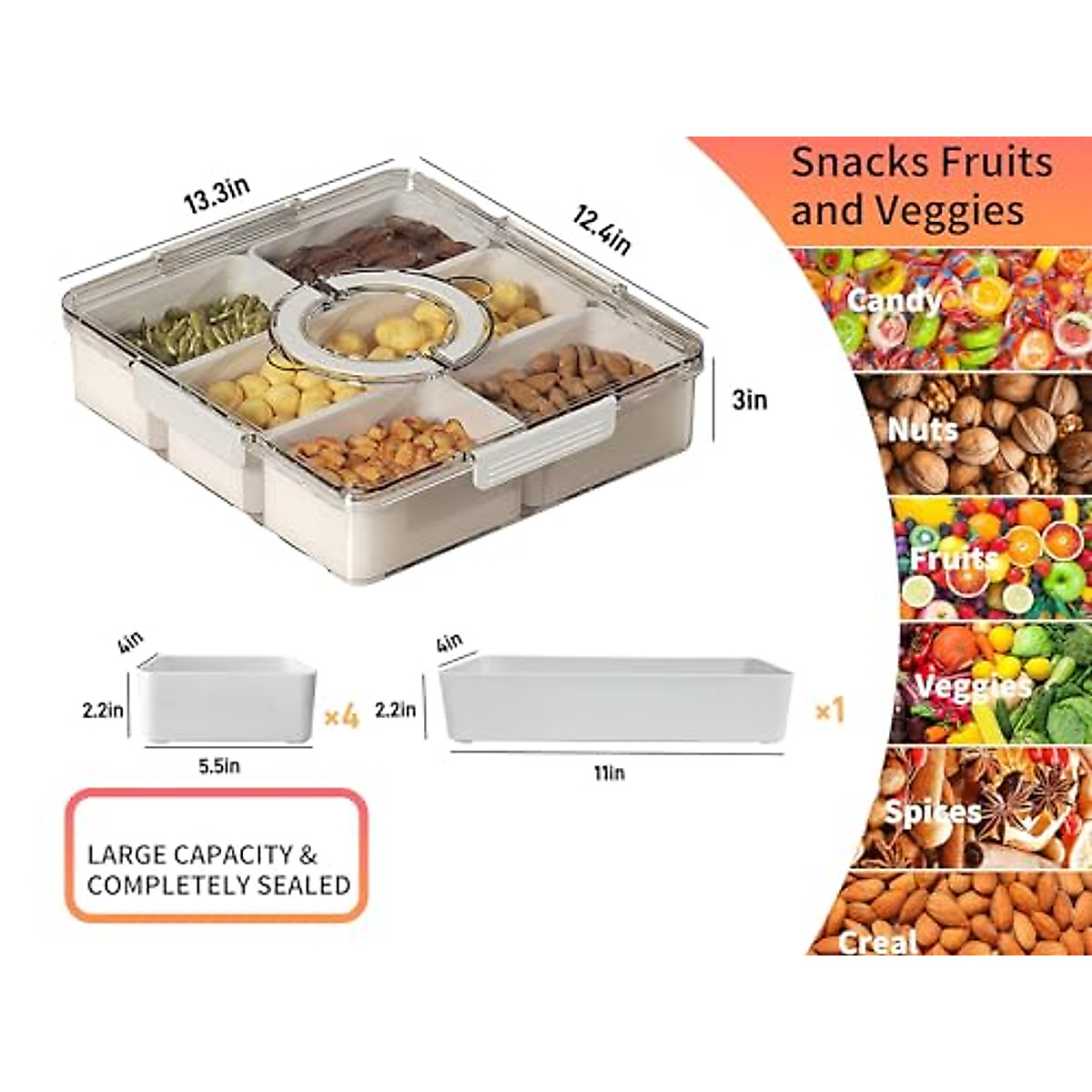 Extra Large Fruit Storage Containers for Fridge,Divided Serving Tray with Lid and Handle,Snackle Box Charcuterie Container for Portable Snack Platters,Clear Organizer for Party,Entertaining,Fruit,Nuts