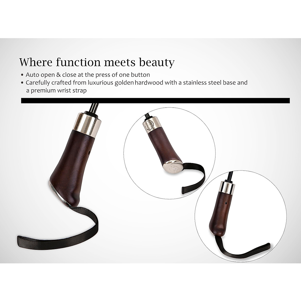 Balios (Designed in UK) Travel Umbrella Luxurious Golden Hardwood Handle Auto Open & Close Windproof Frame Single Canopy Automatic Folding Umbrella Men's & Ladies (Jet Black)