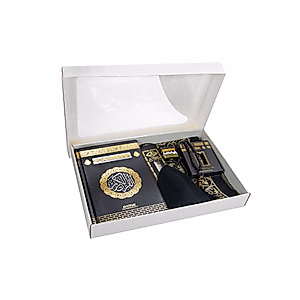 ihvan online Luxury Islamic Prayer Gift Box, Quran & Prayer Beads Tesbih & Muslim Prayer Rug & Miswak Stick & Solid Smell & Kufi Hats & Hacerul Esved, Deluxe 8 Piece SetRamadan & Eid Gift